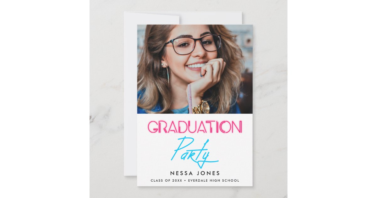 Retro 80s neon lights graduation party photo announcement | Zazzle