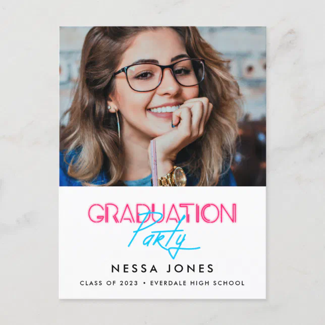 Retro 80s neon lights graduation party photo postcard | Zazzle