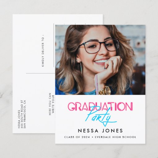 Retro 80s neon lights graduation party photo postcard | Zazzle