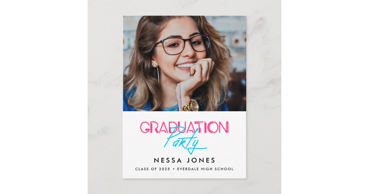Retro 80s neon lights graduation party photo postcard | Zazzle