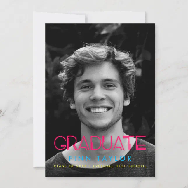 Retro 80s neon lights Photo graduation Announcement | Zazzle