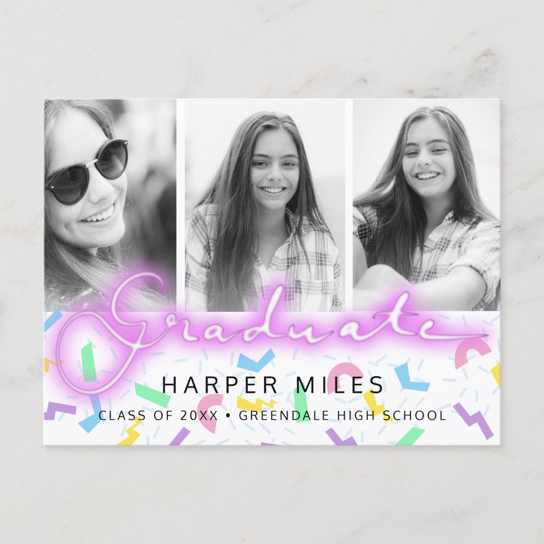 Retro 80s neon pastel graduation 3 photo postcard | Zazzle