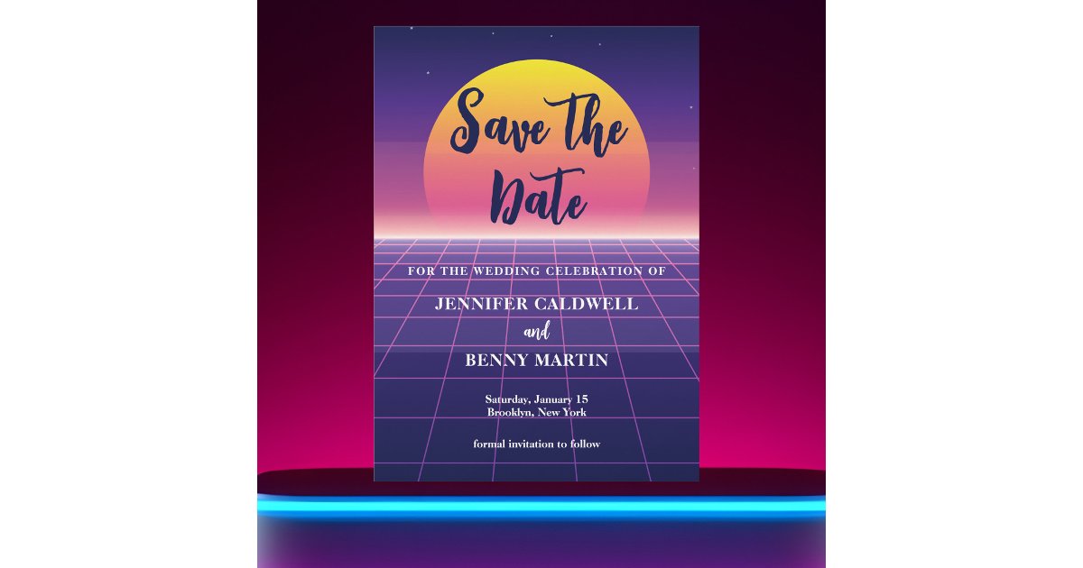 Retro 80s Neon Purple Synthwave Sunset Rock Star Save The Date | Zazzle