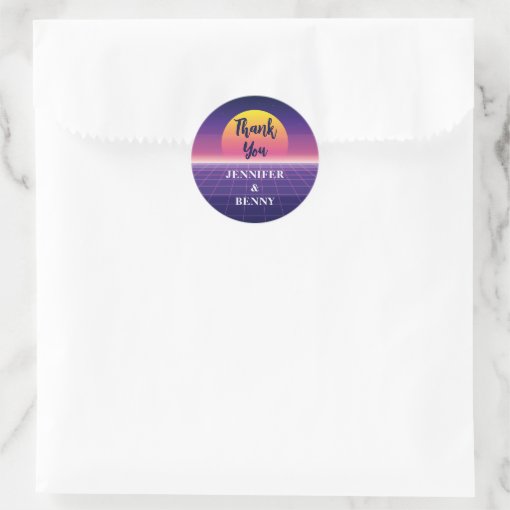 Retro 80s Neon Purple Synthwave Sunset Thank You Classic Round Sticker ...