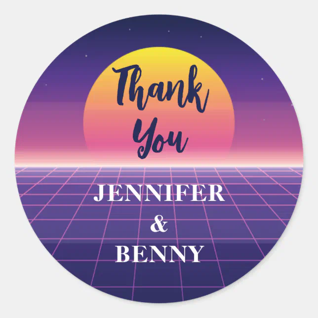 Retro 80s Neon Purple Synthwave Sunset Thank You Classic Round Sticker ...
