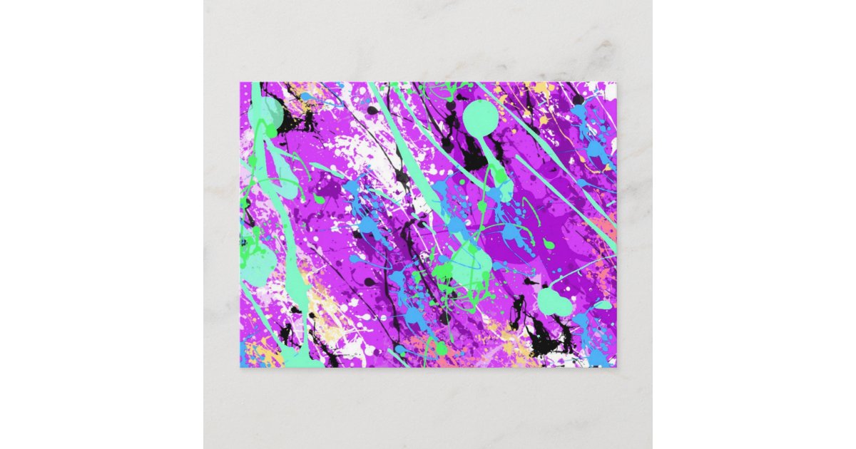 Retro 80's Paint Splatter - Purple Postcard | Zazzle