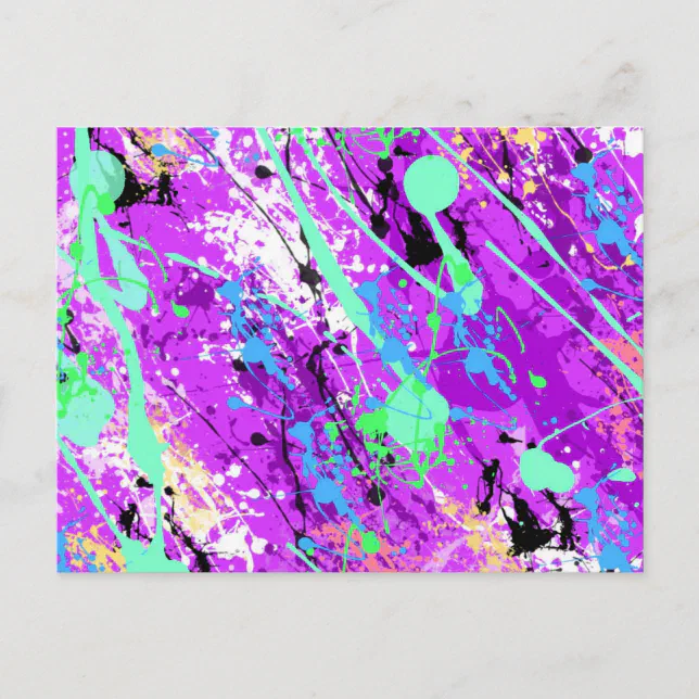Retro 80's Paint Splatter - Purple Postcard | Zazzle