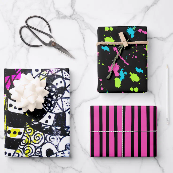 Retro 80s Paint Splatter Stripes Graffiti Doodles Wrapping Paper Sheets ...