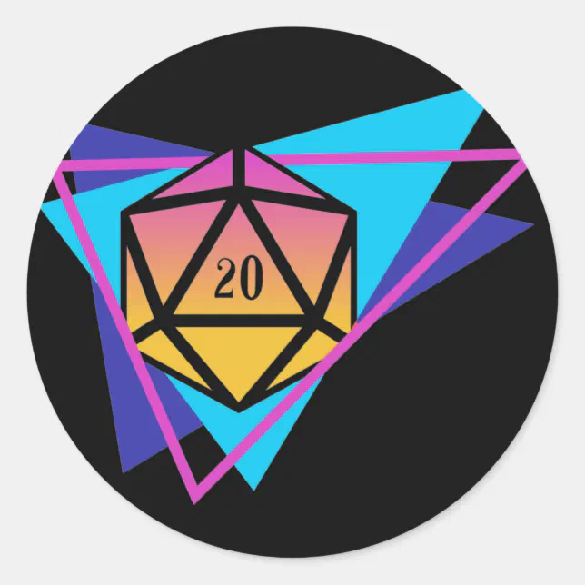 Retro 80s Polyhedral D20 Dice Tabletop RPG Classic Round Sticker | Zazzle