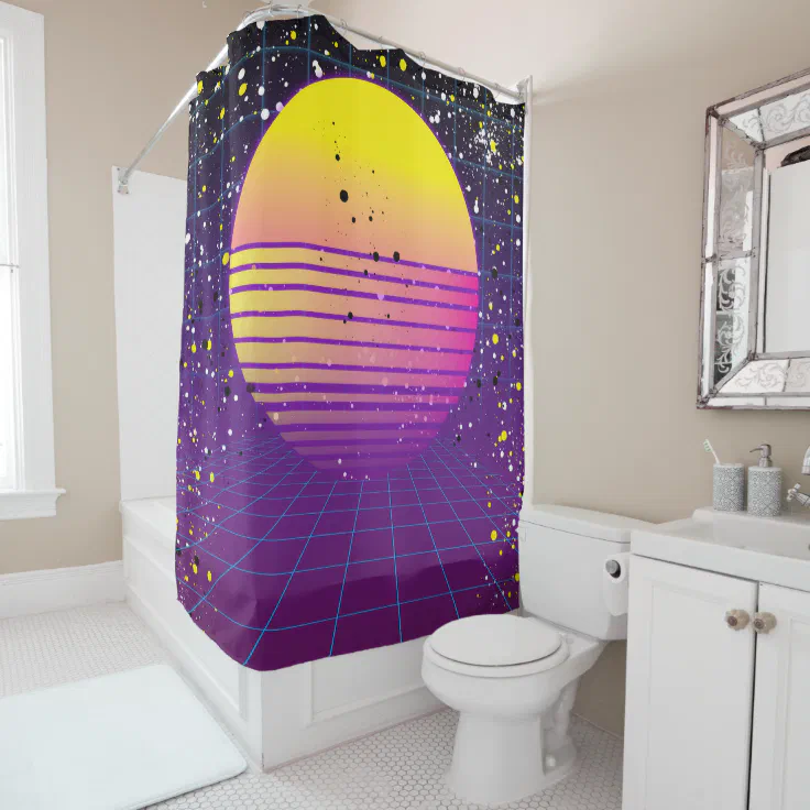 Retro 80's Purple Yellow Sun Shower Curtain | Zazzle