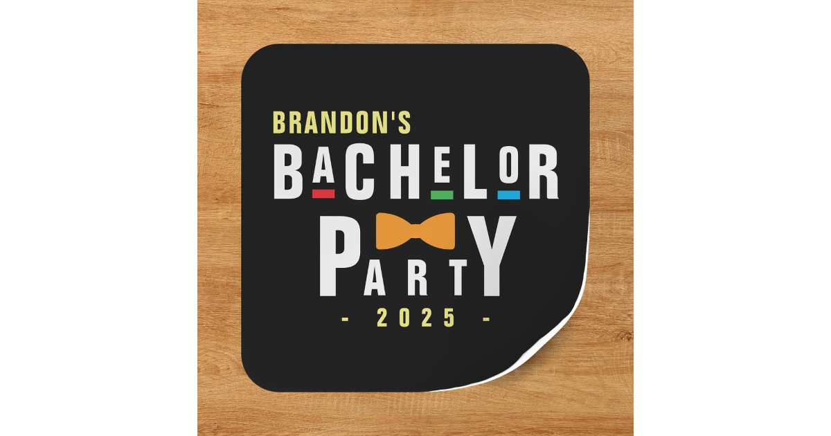 Retro 90s Colorful Bowtie Bachelor Party Black Square Sticker | Zazzle