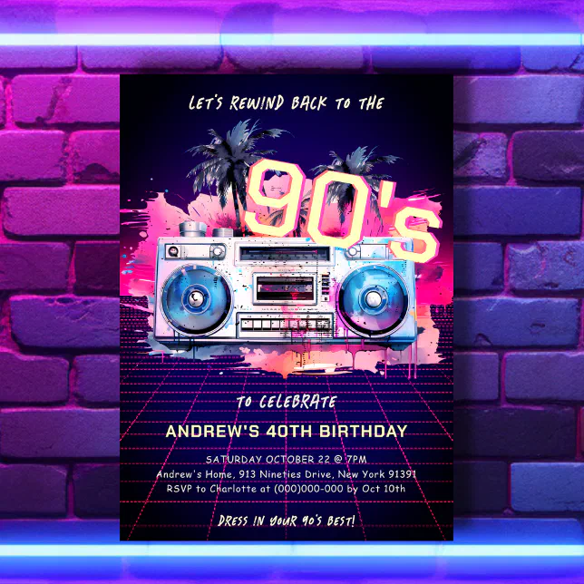 Retro 90's Party Birthday Invitation | Zazzle