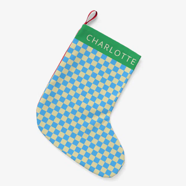Retro Aesthetic Checkerboard Blue Personalized Small Christmas Stocking ...