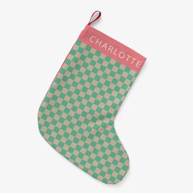 Retro Aesthetic Checkerboard Mint Personalized Small Christmas Stocking ...