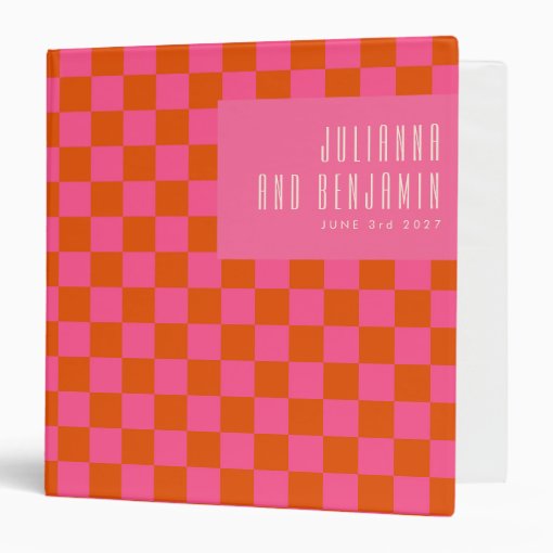 Retro Aesthetic Checkerboard Pink Orange Wedding 3 Ring Binder | Zazzle