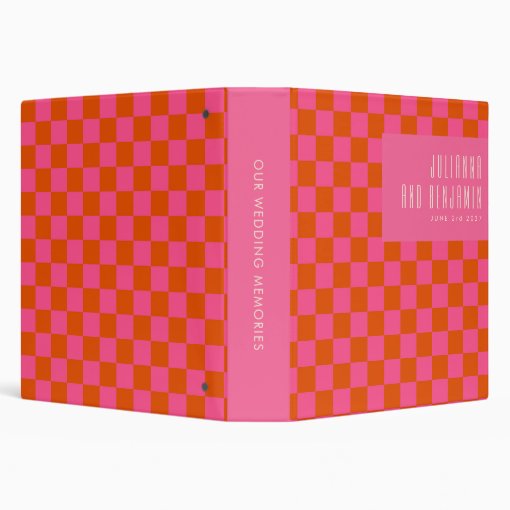 Retro Aesthetic Checkerboard Pink Orange Wedding 3 Ring Binder | Zazzle