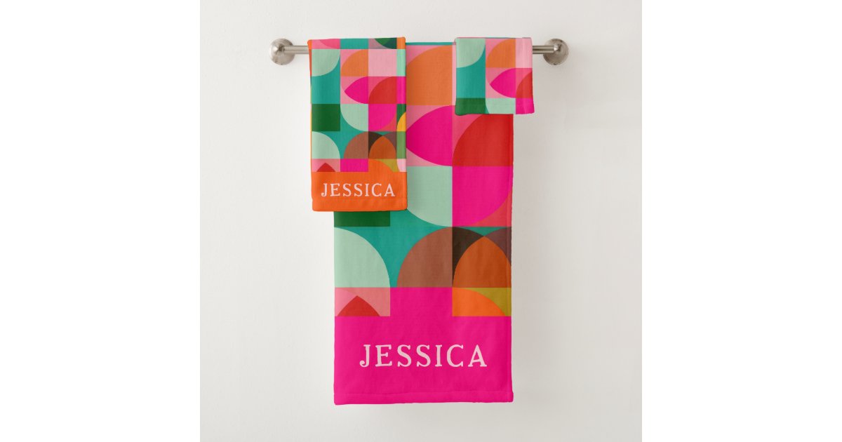 Retro Aesthetic Colorful Geometric Pattern Name Bath Towel Set | Zazzle