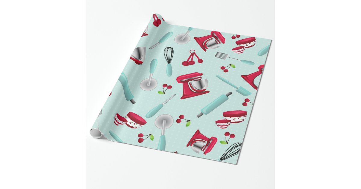 Retro Aqua Kitchen Gadget Wrapping Paper | Zazzle