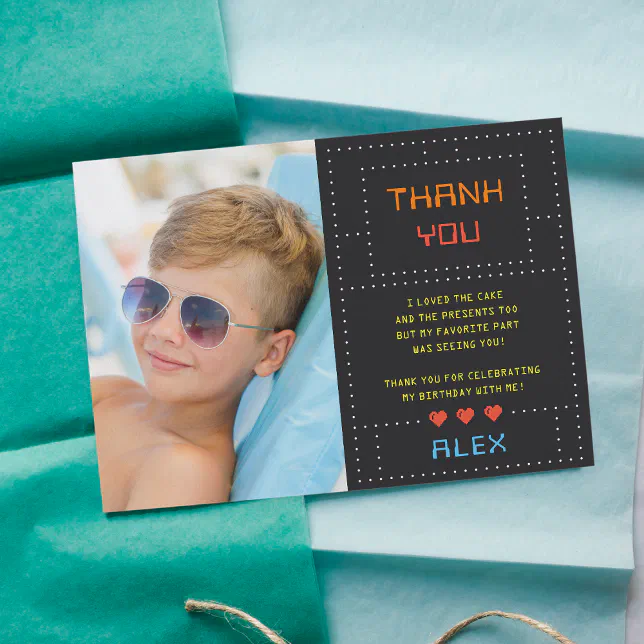 Retro Arcade Game Kids Birthday Photo Thank You Card | Zazzle