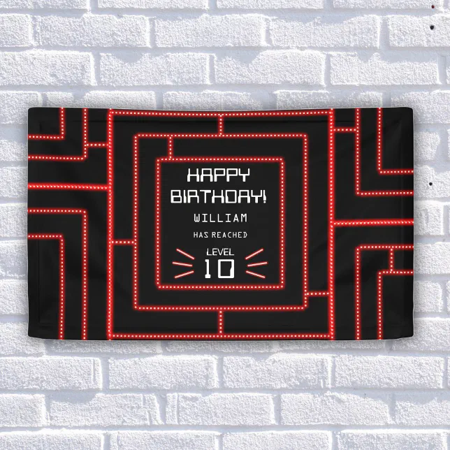 Retro Arcade Video Game Neon Kids Birthday Banner | Zazzle