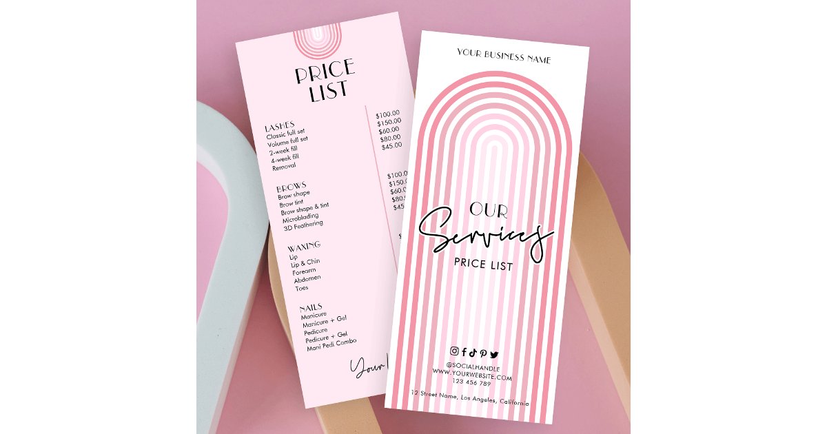 Retro Arch Girly Pink Trendy Beauty PMU Price List Rack Card | Zazzle