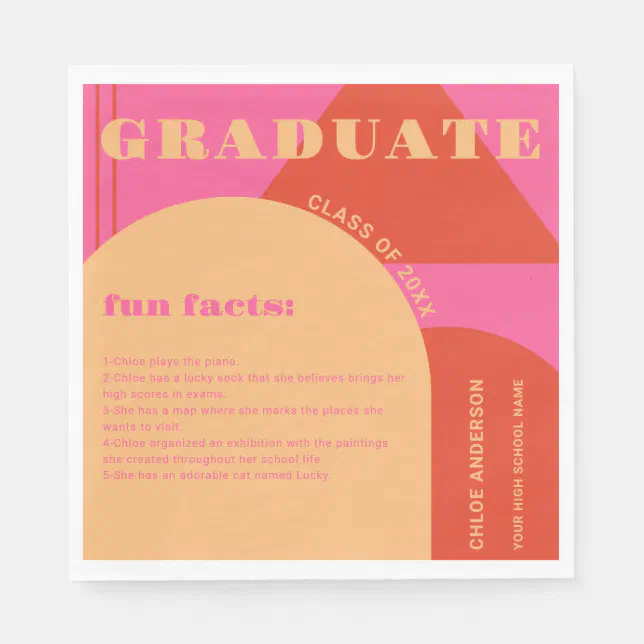 Retro Arch Pink & Orange Fun Facts Graduation Napkins | Zazzle