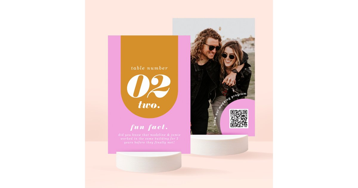 Retro Arch Pink & Yellow Couple's Fun Fact & Photo Table Number | Zazzle