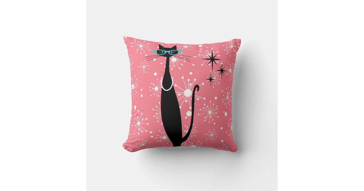 Retro Atomic Era Mid Century Modern MCM Black Cat Throw Pillow | Zazzle