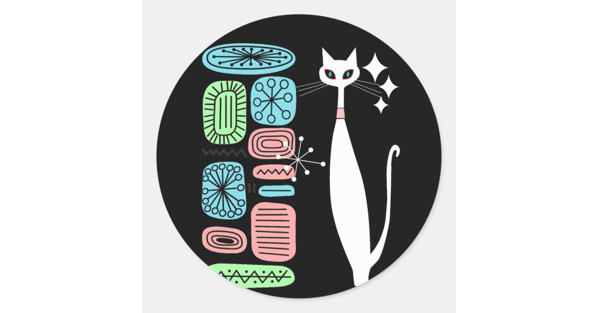Retro Atomic Era Mid Century Modern White Cat Classic Round Sticker ...