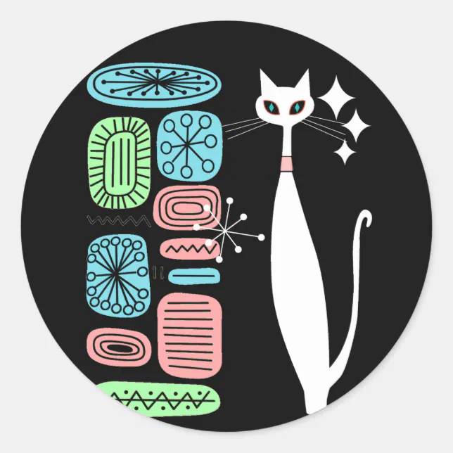 Retro Atomic Era Mid Century Modern White Cat Classic Round Sticker ...