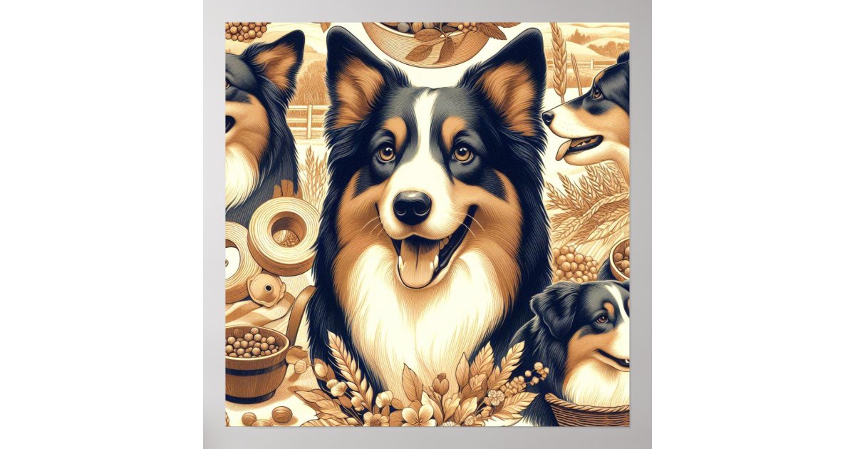 Retro Australian Shepherd Illustration Poster | Zazzle