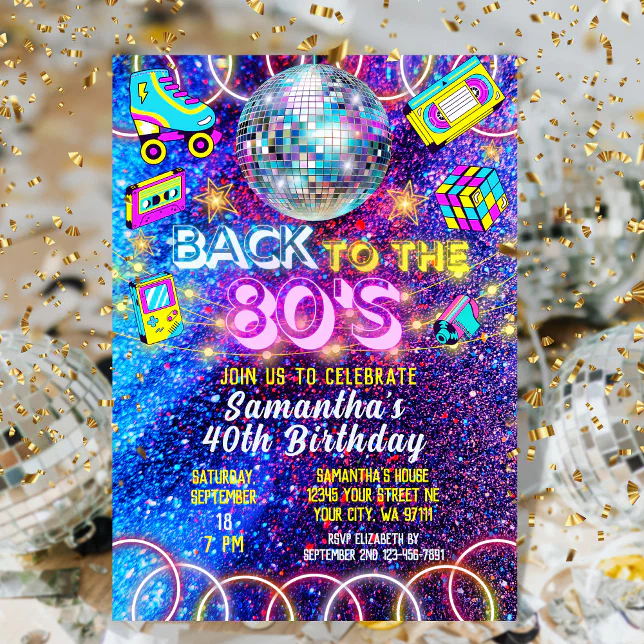 Retro Back to 80s Colorful Vivid Neon Glow Party Invitation | Zazzle