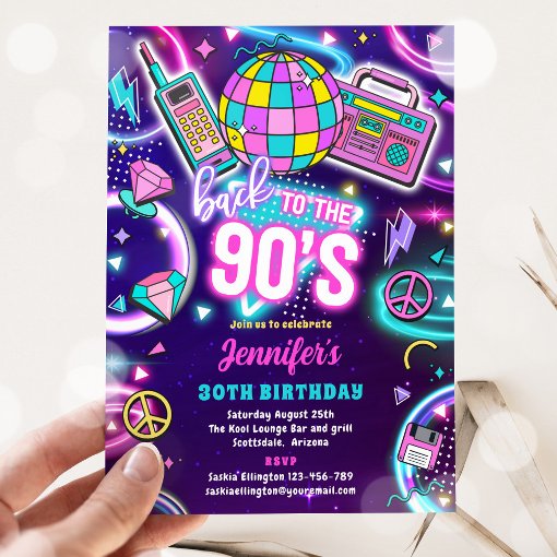 Retro Back To The 90s Neon Disco 30th Birthday Invitation | Zazzle