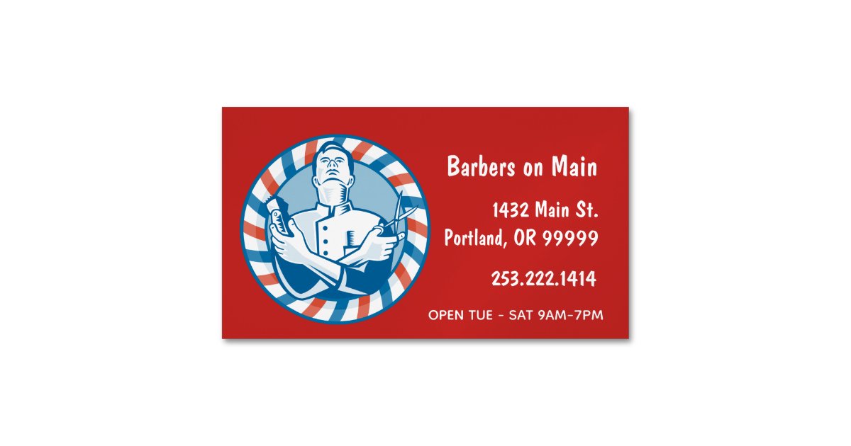 Retro Barber Badge on Red Business Card Magnet | Zazzle