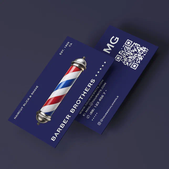 Retro Barber Pole Navy Barbershop Modern Business Card | Zazzle