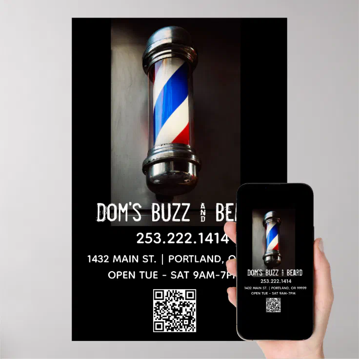 Retro Barber Pole & QR Code Business Poster | Zazzle