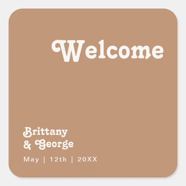 Retro Beach | Brown Wedding Welcome Square Sticker | Zazzle