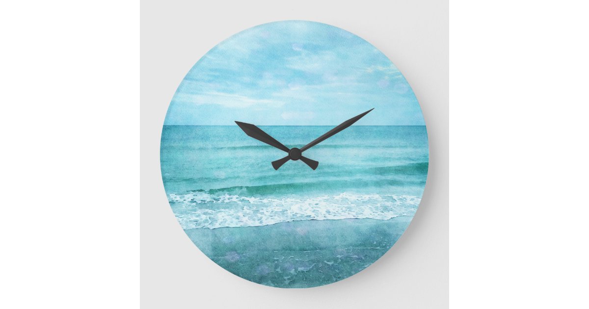 Retro Beach - Coastal Ocean Teal Blue Watercolor S Large Clock | Zazzle