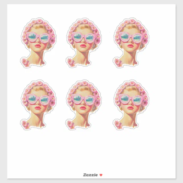 Retro Beach Girl with Floral Sunglasses Sticker | Zazzle