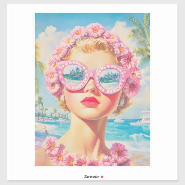 Retro Beach Girl with Floral Sunglasses Sticker | Zazzle