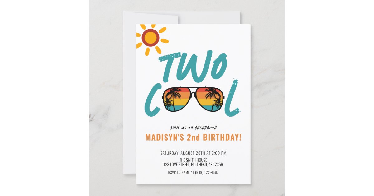 Retro Beach Sunglasses Two Cool 2nd Birthday Invitation | Zazzle