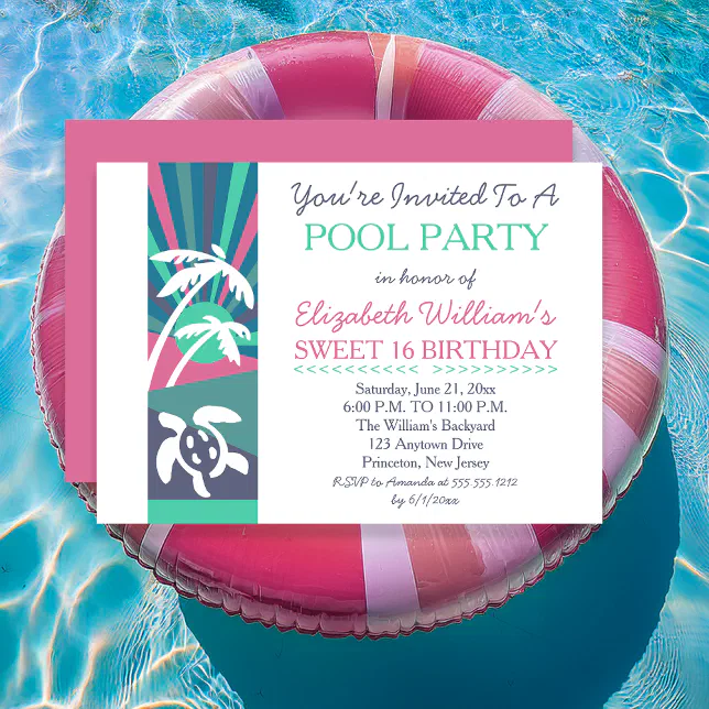 Retro Beach Sunset Sweet 16 Birthday Pool Party Invitation | Zazzle