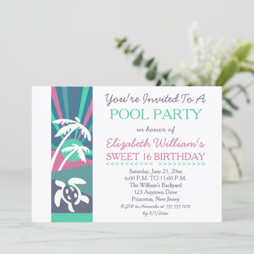 Retro Beach Sunset Sweet 16 Birthday Pool Party Invitation | Zazzle