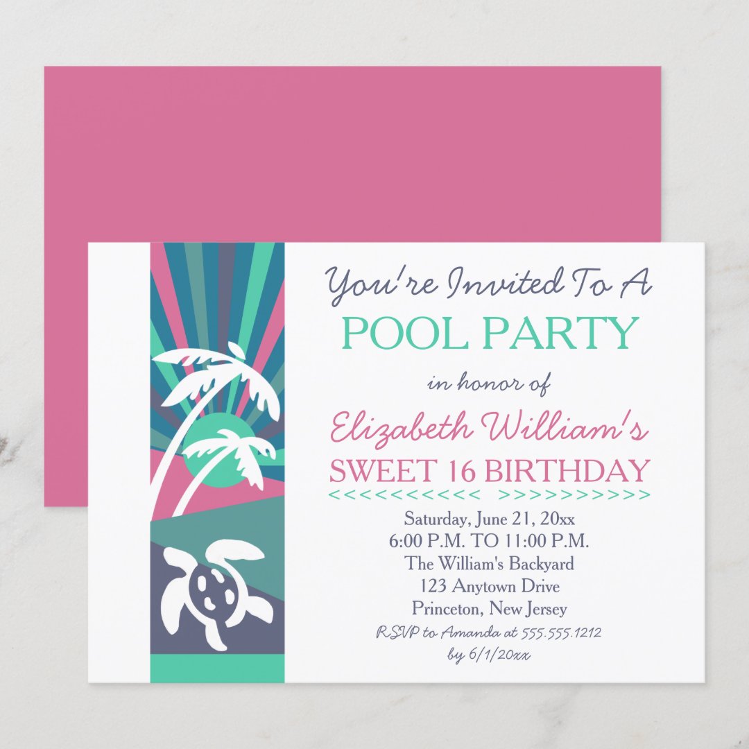 Retro Beach Sunset Sweet 16 Birthday Pool Party Invitation | Zazzle