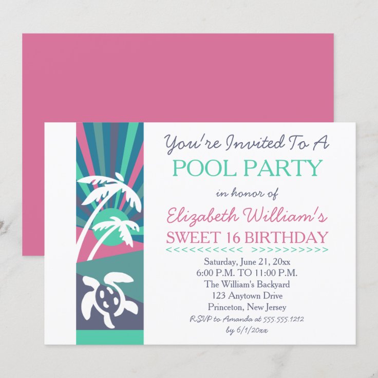 Retro Beach Sunset Sweet 16 Birthday Pool Party Invitation | Zazzle