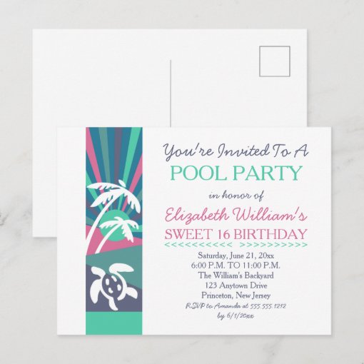 Retro Beach Sunset Sweet 16 Birthday Pool Party Postcard | Zazzle