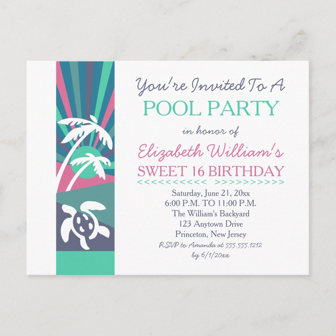 Retro Beach Sunset Sweet 16 Birthday Pool Party Postcard | Zazzle