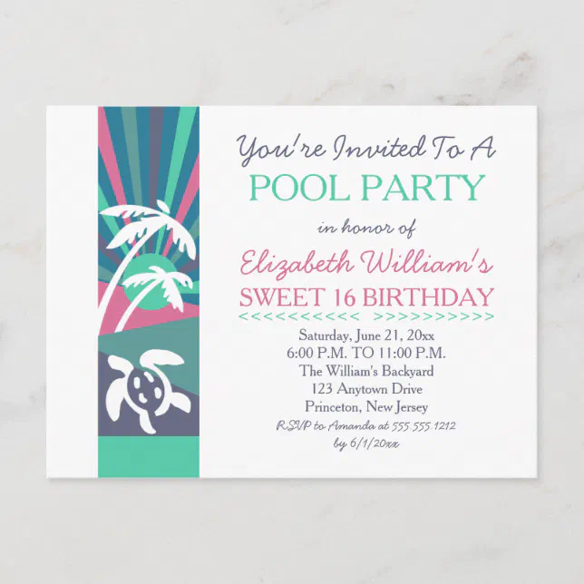 Retro Beach Sunset Sweet 16 Birthday Pool Party Postcard | Zazzle