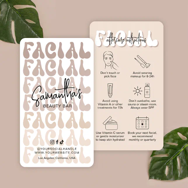 Retro Beige Trendy Facial Care Instructions Salon Business Card | Zazzle