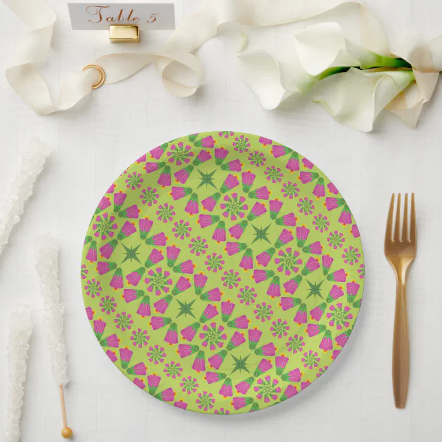 Retro Bell Flower Mandalas Green 9" Paper Plates | Zazzle